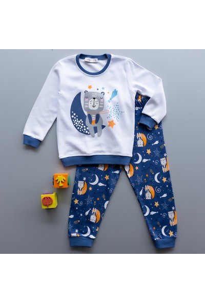 Zef Kids Erkek Çocuk Lacivert Ayıcık Baskılı Uzun Kollu Pijama Takımı