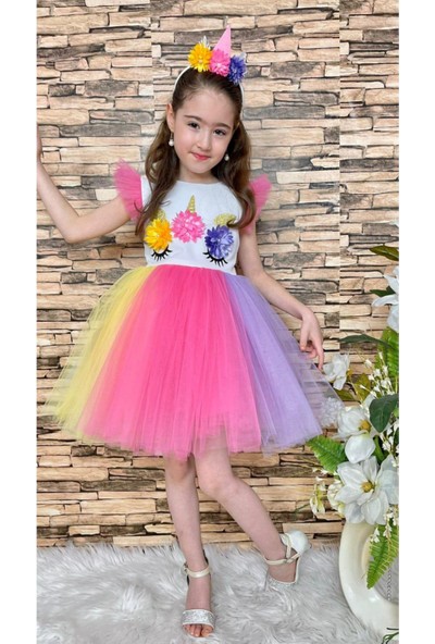 Meneviş Kız Çocuk Unicorn Elbise