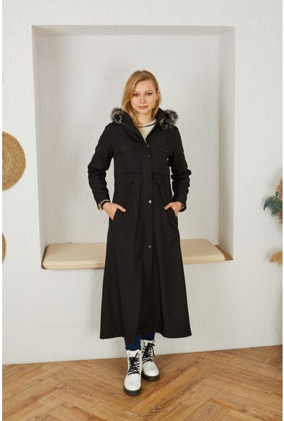 Allmiss Siyah Uzun Kapişonlu Kadın Kaban