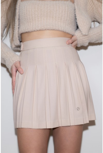 Soyo Bej Pileli Mini Etek