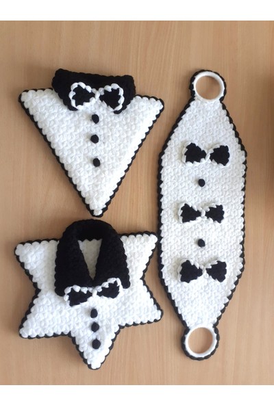 Hediye Dünyası Çeyizlik El Örgüsü 3'lü Siyah Beyaz Damat Lif Seti