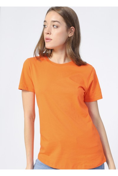 Fabrika Bisiklet Yaka Basic Düz Turuncu Kadın T-Shirt