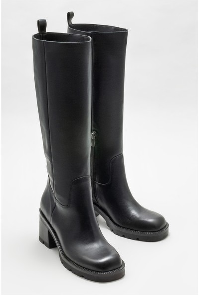 Elle Shoes Siyah Deri Kadın Topuklu Çizme
