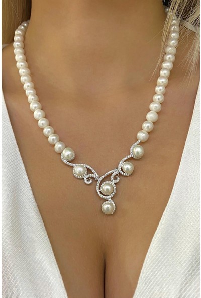 MaGümüş Gösterişli Üst Kalite Inci Gerdanlık 925 Gümüş Kolye