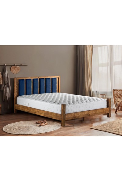 Alp Marina Alp Orion Doğal Ceviz Renk Masif Çam Karyola Lacivert Puflu Başlık