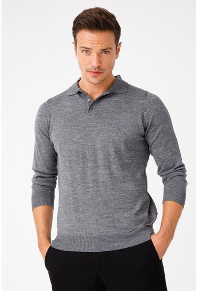 Desen Triko Erkek Basic Polo Yaka Ince Triko Kazak Füme Desen Triko Erkek Basic Polo Yaka Ince Triko Kazak Füme