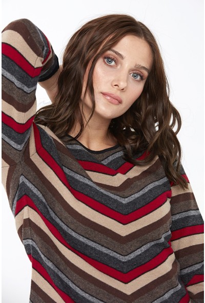 Desen Triko Kadın Çizgili Sıfır Yaka Kazak Siyah