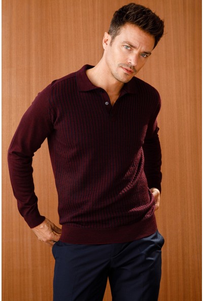 Desen Triko Erkek Polo Yaka Çizgili Kazak Bordo