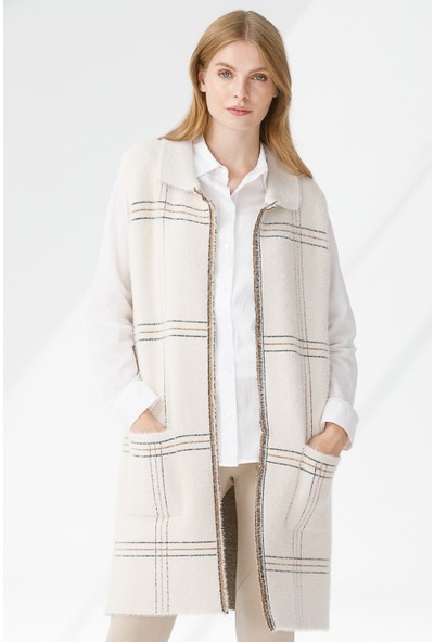 Desen Triko Kadın Üç Çizgili Kareli Cepli Uzun Yelek Bej
