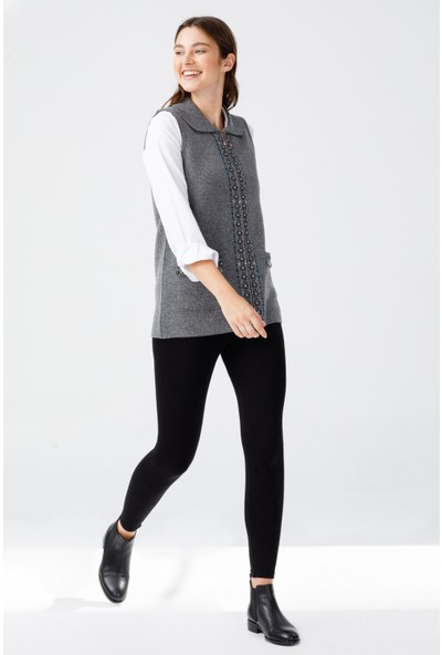 Desen Triko Kadın Polo Yaka Baklava Desenli Fermuarlı Yelek Füme