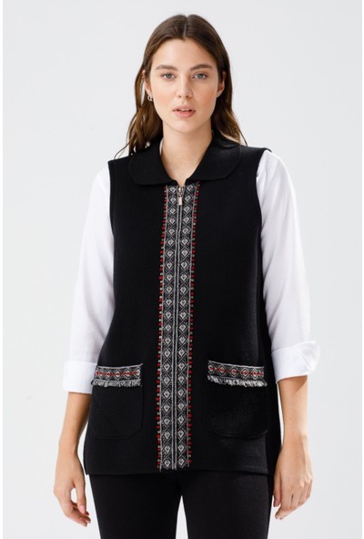 Desen Triko Kadın Polo Yaka Baklava Desenli Fermuarlı Yelek Siyah