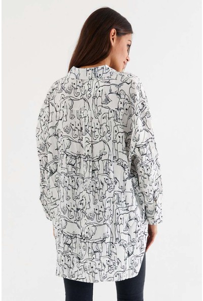 Enie Kadın Oversize Fil Desenli Beyaz Gömlek
