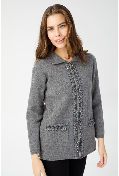 Desen Triko Kadın Polo Yaka Fermuarlı Hırka Füme