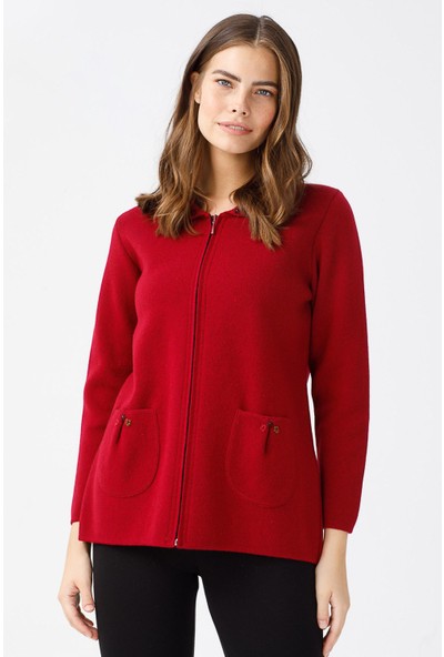 Desen Triko Kadın Polo Yaka Kenarı Tohum Işlemeli Kısa Hırka Vişne Çürüğü