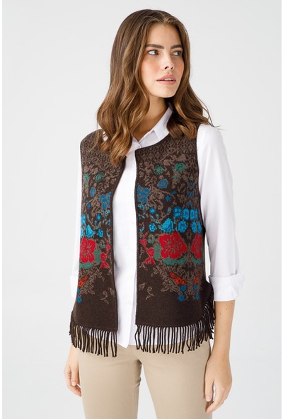 Desen Triko Kadın Sarmaşık Desenli Eteği Püsküllü Kısa Yelek Koyu Kahve