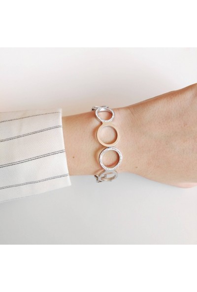 Peri Takı Çelik Kelepçe Halkalı, Zirkon Taşlı Bileklik
