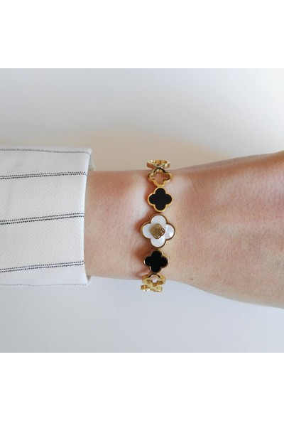 Peri Takı Çelik Kelepçe Yedi Yoncalı, Sedef Taşlı Bileklik