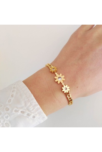 Peri Takı Çelik Kelepçe Üçlü Papatya Çiçekli, Zirkon Taşlı Bileklik