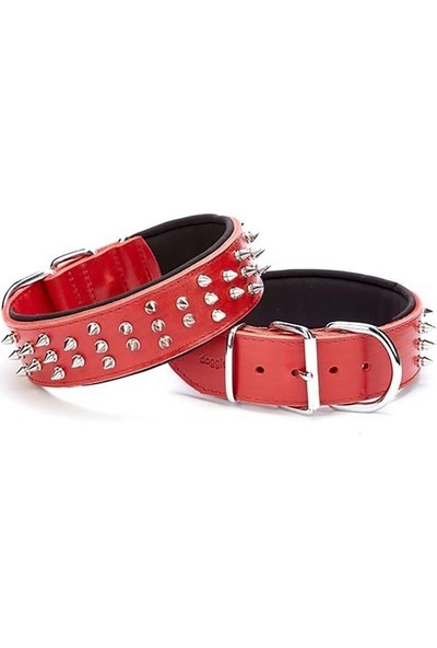 Doggie Güçlü Deri Köpek Çivili Boyun Tasması Medium Kırmızı 5 x 55-65 cm