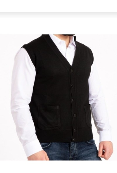 HMZ Erkek Ince Yün Örgü Siyah Triko Yelek HMZ Erkek Ince Yün Örgü Siyah Triko Yelek