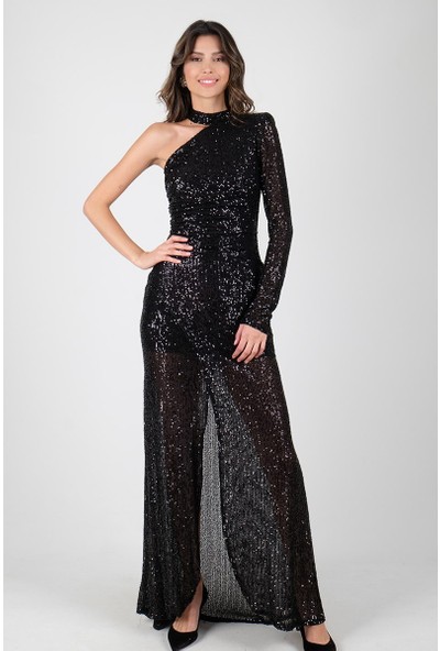 Spazio Chasity Tek Kol Payetli Uzun Abiye