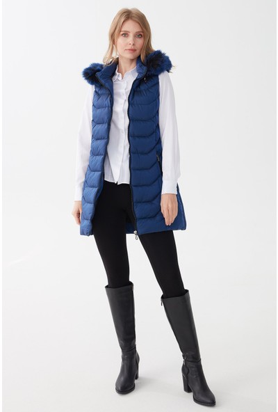 Desen Triko Kadın Kapitone Şişme Yelek Saks Mavi