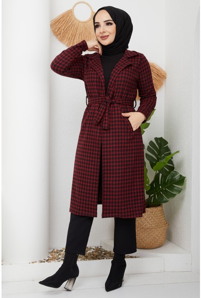 İmaj Butik Kazayağı Desenli Kaşe Kaban/bordo