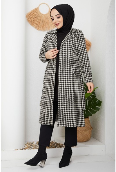 İmaj Butik Kazayağı Desenli Kaşe Kaban/siyah