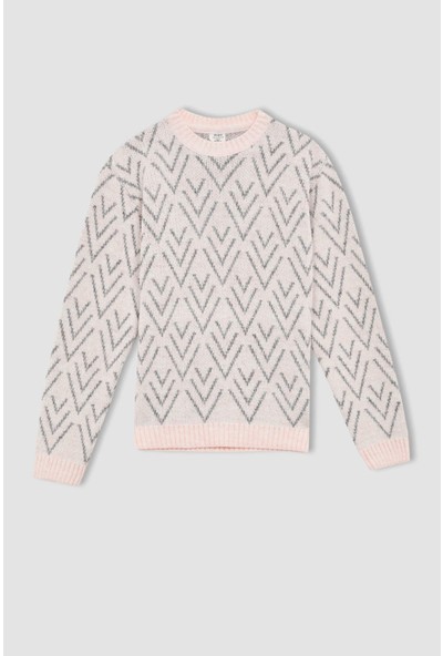 DeFacto Kız Çocuk Regular Fit Desenli Bisiklet Yaka Kazak X0700A621WN