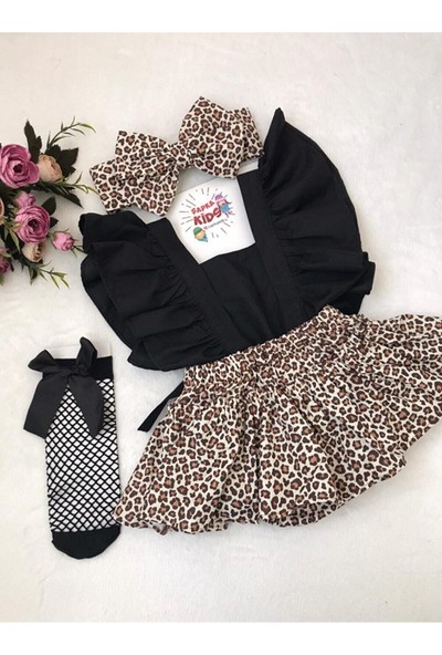 Baby Puff Kız Çocuk Leopar Desenli Fırfırlı Salopet Bandana Set