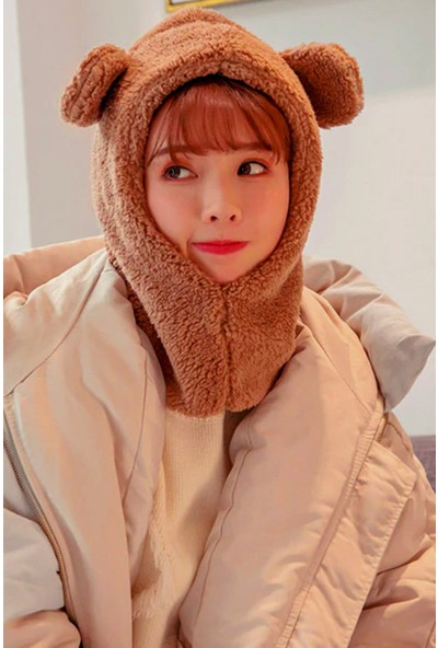 Bundera Wig Kadın Peluş Kahve Bere Kar Maskesi Boyunluk Termal Welsoft Ayıcık Polar Atkı Rüzgar Geçirmez