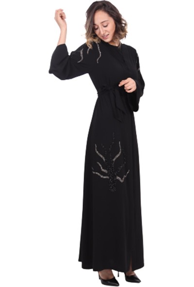 Aura Dallı Taş Abaya-Siyah