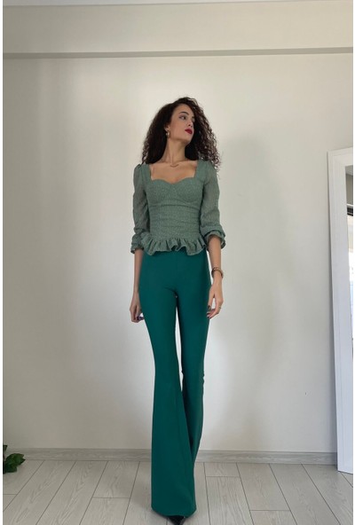 Butikgogirl Yeşil Ispanyol Paça Kumaş Pantolon