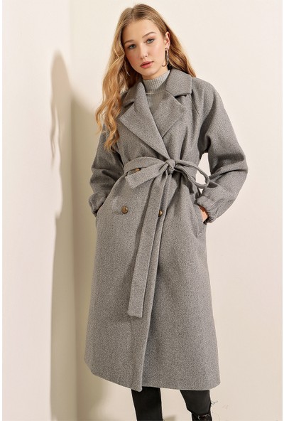 Giens Kadın Gri Kol Ağzı Lastikli Kuşaklı Uzun Kaşe Kaban Giens Kadın Gri Kol Ağzı Lastikli Kuşaklı Uzun Kaşe Kaban