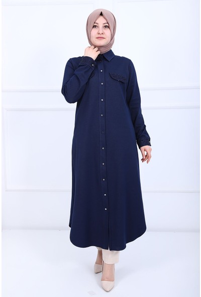 Kombinal Lacivert Düğmeli Pul Payetli Büyük Beden Gömlek Kap- 17392