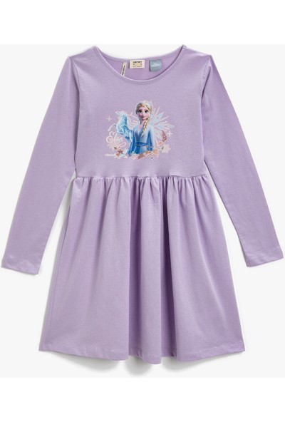 Koton Kız Çocuk Elsa Lisanslı Baskılı Elbise Pamuklu Uzun Kollu