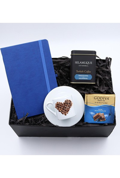 VegaGiftShop Mavi Defter & Kahve Desenli Beyaz Fincan & Selamlıque Türk Kahvesi & Godiva Çikolata Seti
