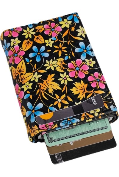 Kamus Otomatik Siyah Çiçekli Kadın Cüzdan Kartlık