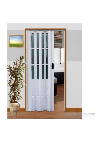 Camlı Akordiyon Kapı Beyaz