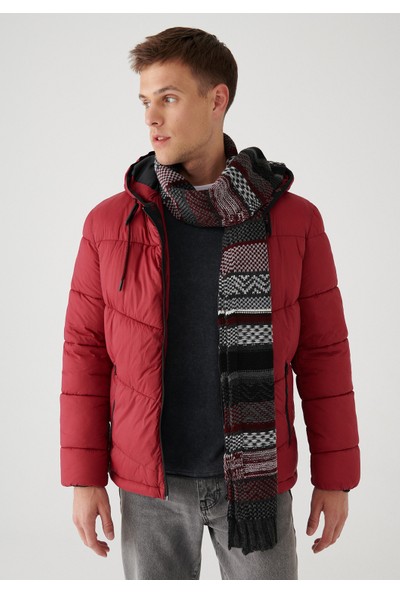 Mavi Jakarlı Bordo Atkı