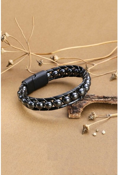 The Collection Hematit Doğaltaşlı Deri Çelik Bileklik