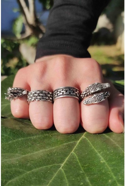 The Collection Unisex 4'lü Gümüş Kaplama Ayarlanabilir Yüzük Set