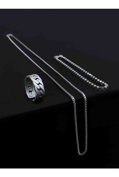 The Collection Zincir Ayarlanabilir Gümüş Kaplama Yüzük Küp Bileklik ve Kolye Set