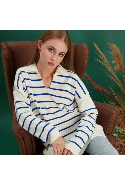 Ecrou Kadın Saks Polo Yakalı Çizgili Oversize Triko Kazak