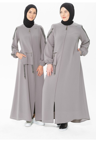Beyza Şerit Detaylı Gri Spor Ferace 3373-1 Beyza Şerit Detaylı Gri Spor Ferace 3373-1