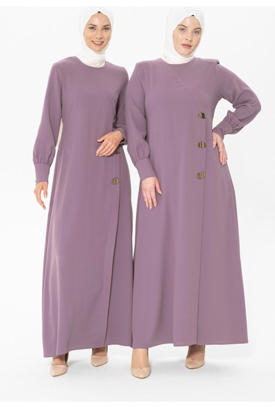 Beyza Düğme Detaylı Lila Tesettür Elbise 5183