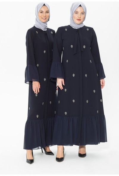 Beyza Düğmeli Taşlı Lacivert Ferace 3007