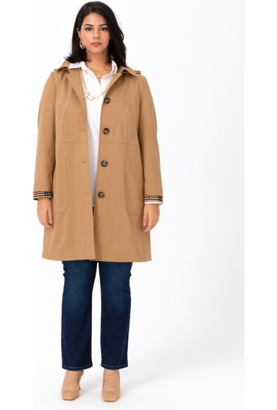 Galaxi Kadın Büyük Beden Astarı Desenli Trençkot 3051003 Camel