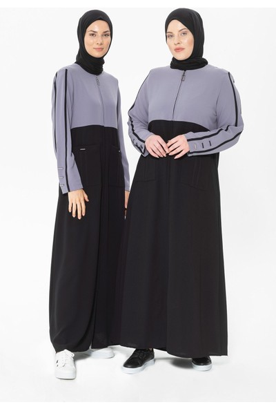 Beyza Torba Cepli Şeritli Gri - Siyah Ferace 3328