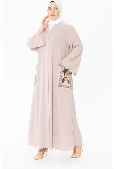 Beyza Çıtçıtlı Cepleri Nakışlı Bej Abaya 3379
